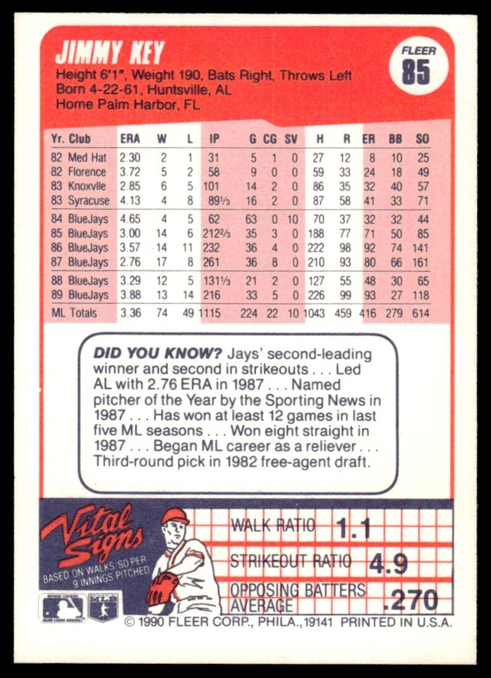 1990 Fleer Baseball Card Jimmy Key Toronto Blue Jays #85 | eBay