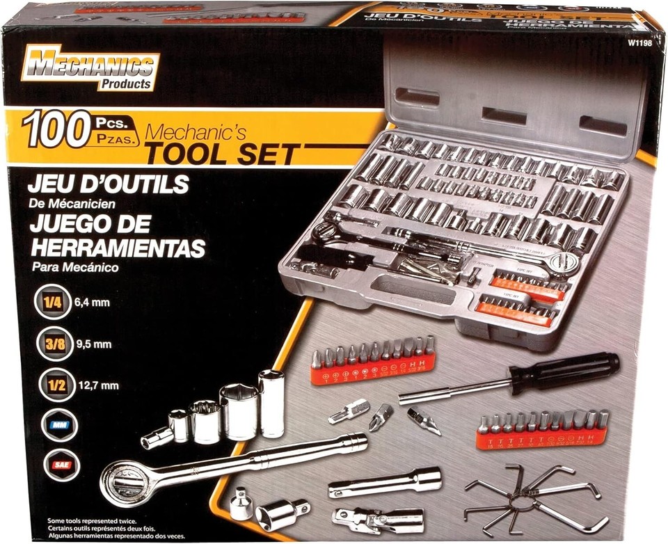 SAE/Metric 100-Piece Socket Set, 1/4", 3/8", 1/2" Drive, Ratchets and ...