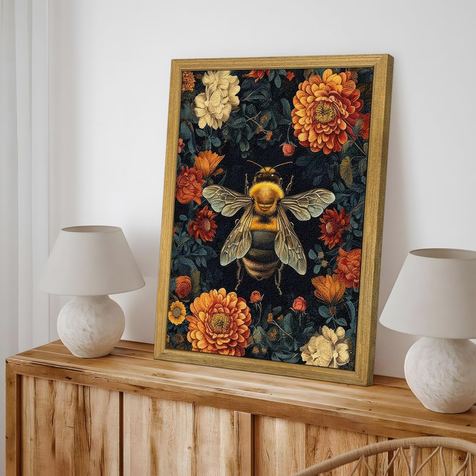 Framed Hand Drawn Sandstone Bee Wall Art, 3D Textured Nature Botanical ...
