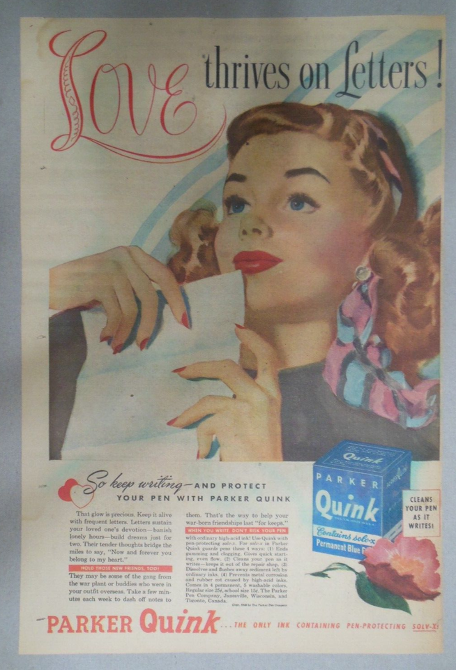 Parker Quink Ink Ad: Love Thrives On Letters From 1946 Size: 11 x 15 ...