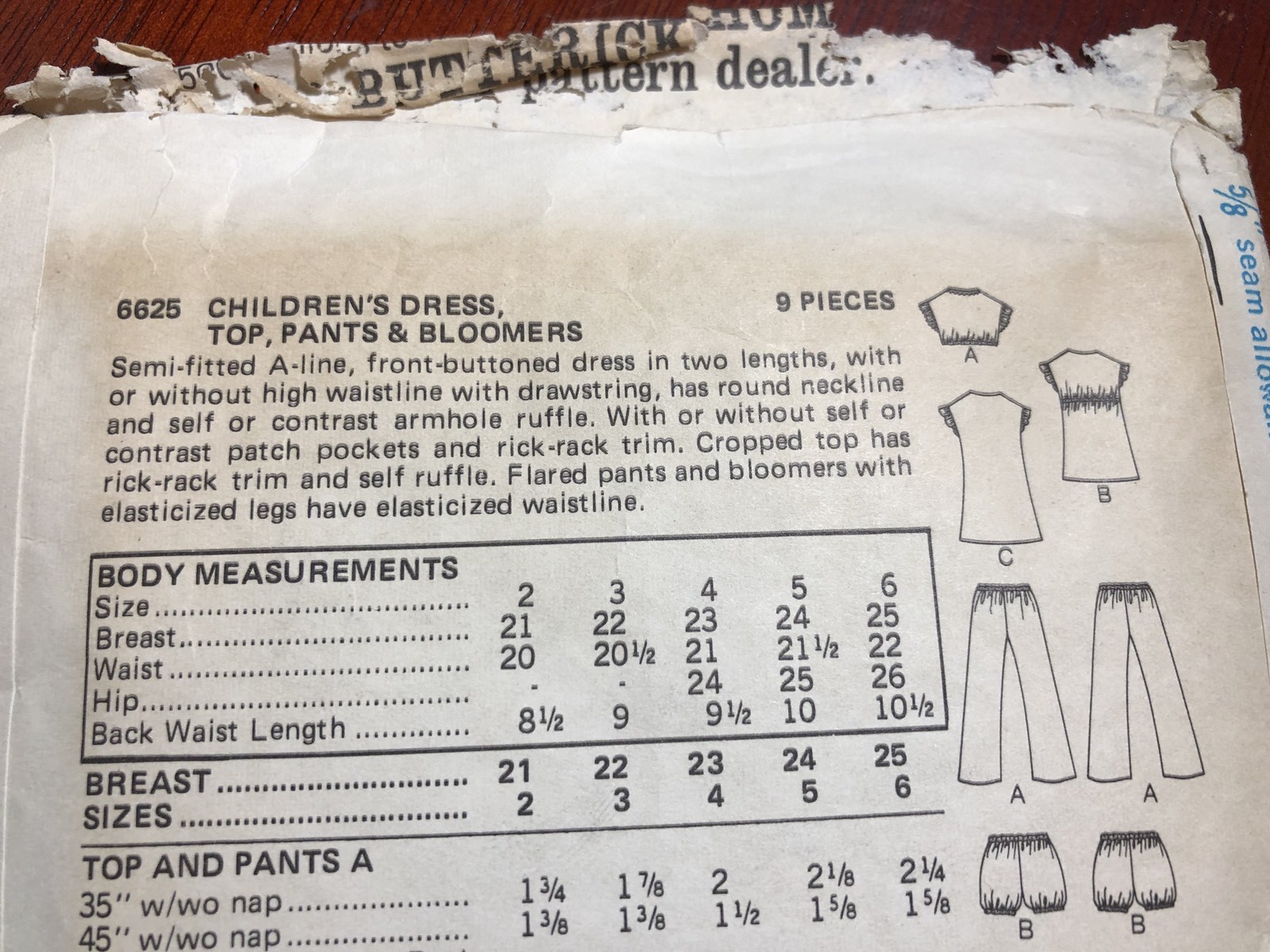 Sewing Patterns Early 1970’s Butterick #6625 Girls Size 6 Tops Pants ...
