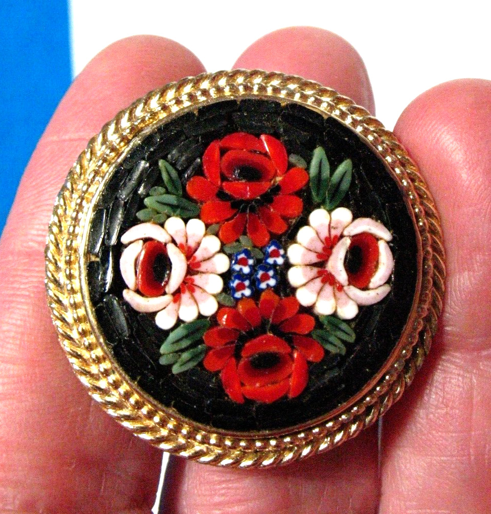 MICROMOSAIC VINTAGE GLASS PIN ROUND GOLD BLAC RED PIN… - Gem