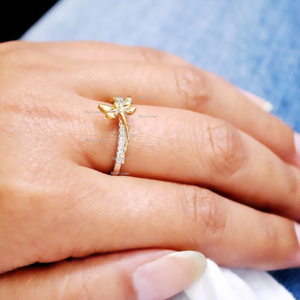 0.10ct Diamond Dragon Fly Band Ring 14k Solid Yellow Gold Women Gift ...