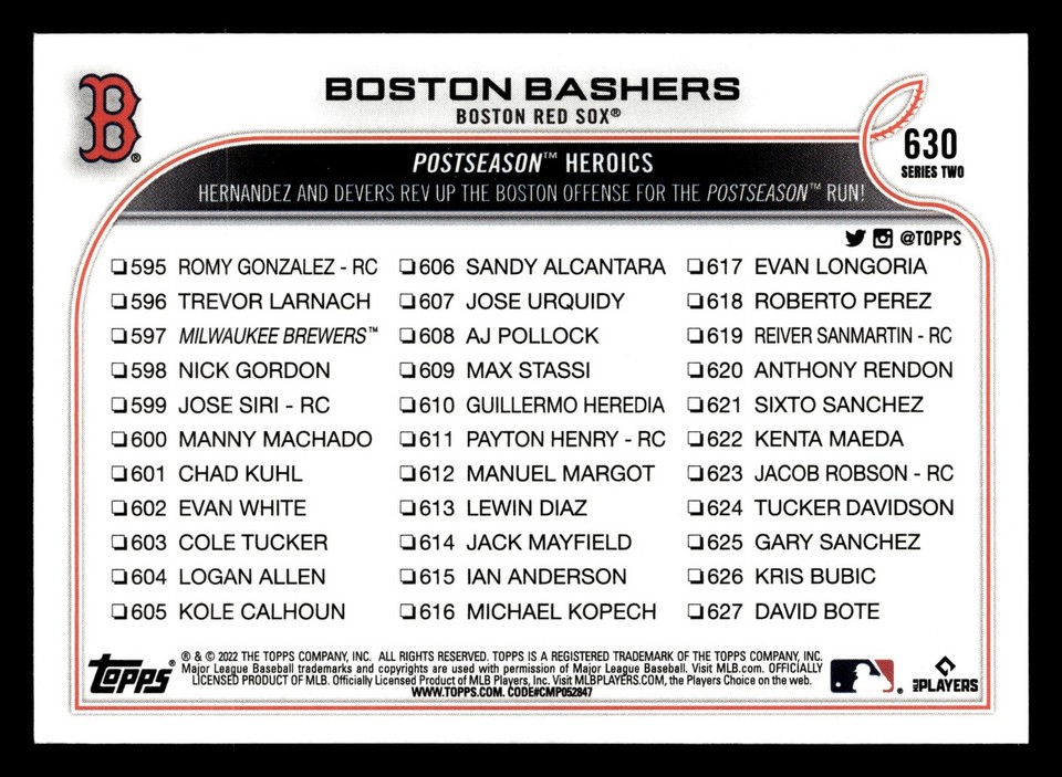 Boston Bashers 2022 Topps #630 Boston Red Sox | eBay