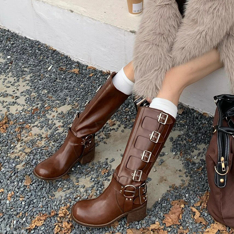 Lady Real Leather Metal Rivet Buckle Riding Boot Mid-Calf Western ...