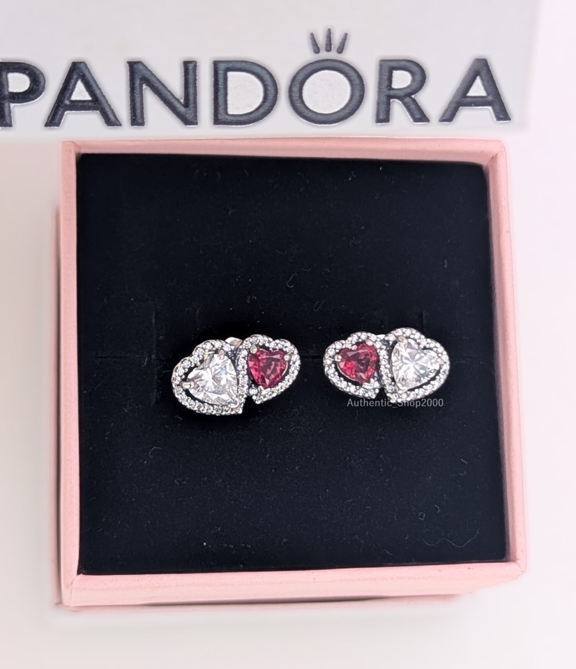 NEW 100% PANDORA Red White Halo Heart Stud Necklace Gift Set 293633C01 ...