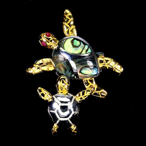 925 Sterling Silver Brooch Round Ruby Mop Natural Gemstone Turtle ...