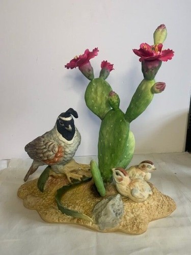 Hand Painted Vintage Figurine of Quail Family Cactus & Pink Flowers 13 ...