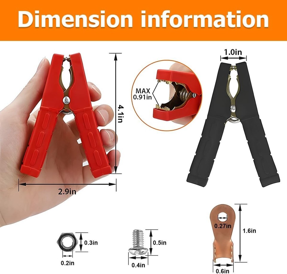 2PCS Heavy Duty Car Battery Clip Cables Alligator Clips Charger Clamp ...