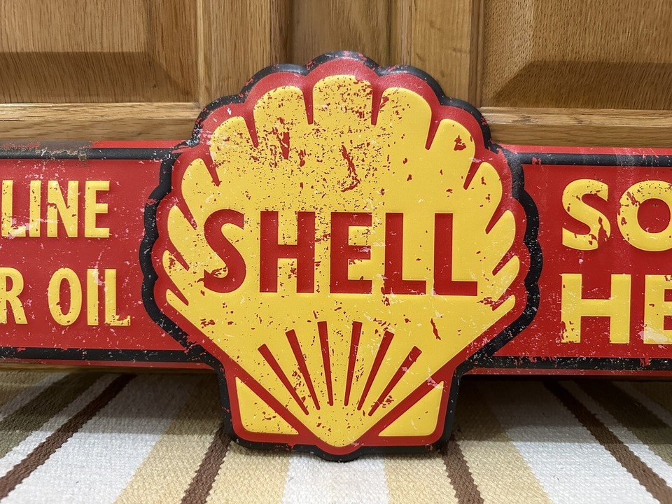 Shell Gasoline Motor Oil Metal Sign Sold Here Arrow Vintage Style Wall ...