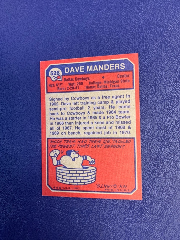 1973 Topps Football #526 Dave Manders RC - Dallas Cowboys Rookie ...