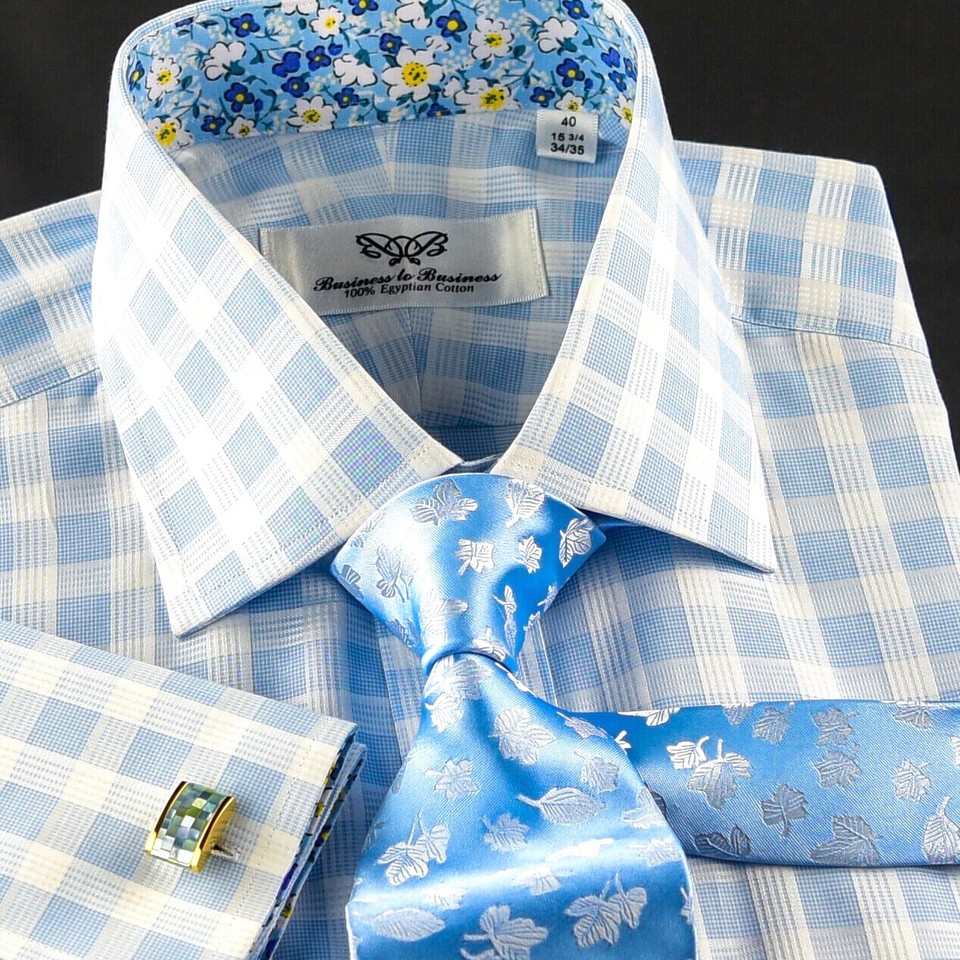 Blue Check Formal Business Dress Shirt Wih Blue Floral Inner Lining ...