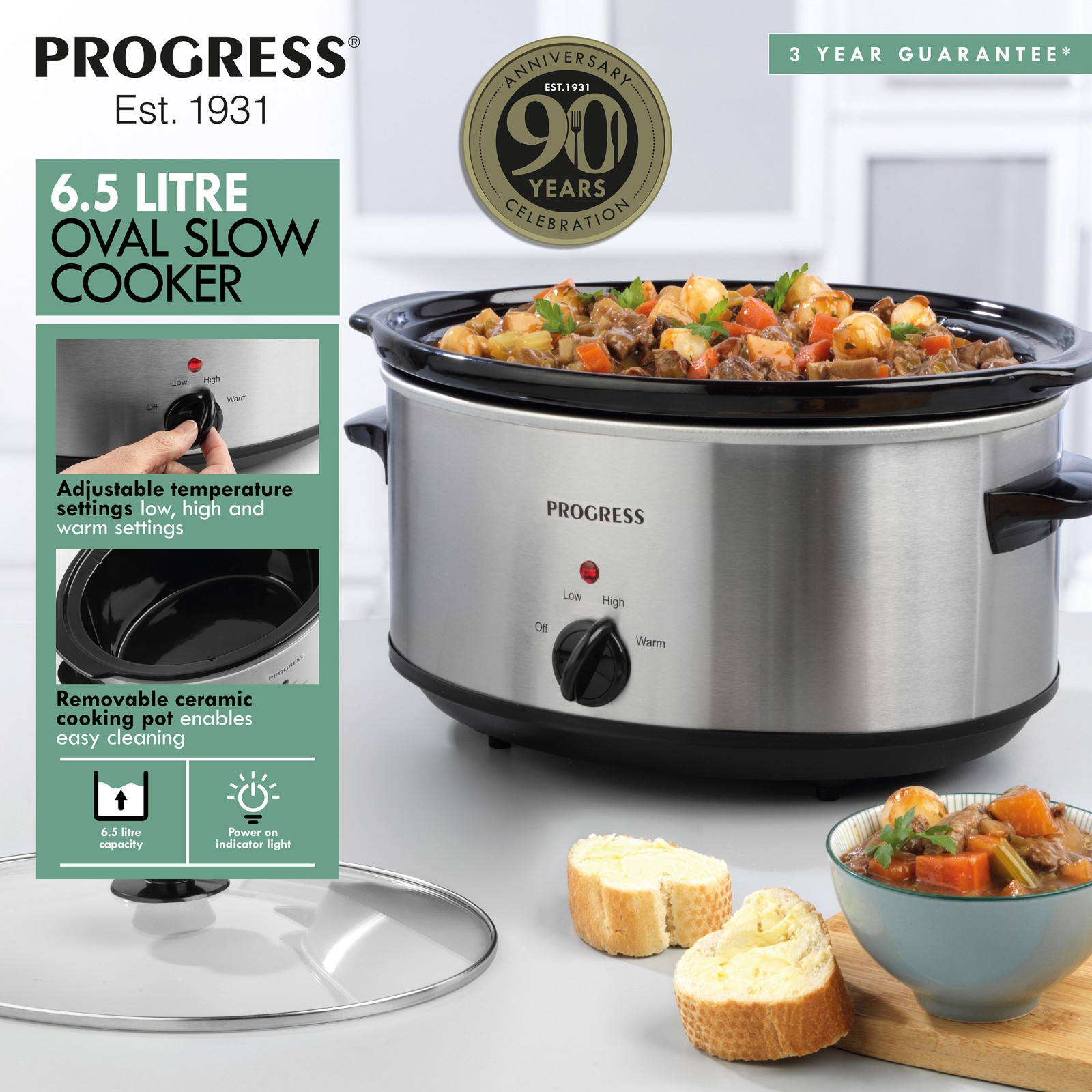 Progress 6.5L Slow Cooker & Glass Lid 3 Heat Settings Removable Cooking ...