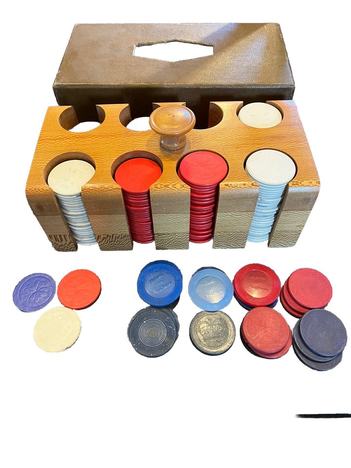 Vtg Poker Chip Caddy Holder With Assorted Chips Paper Clay? Bakelite ...