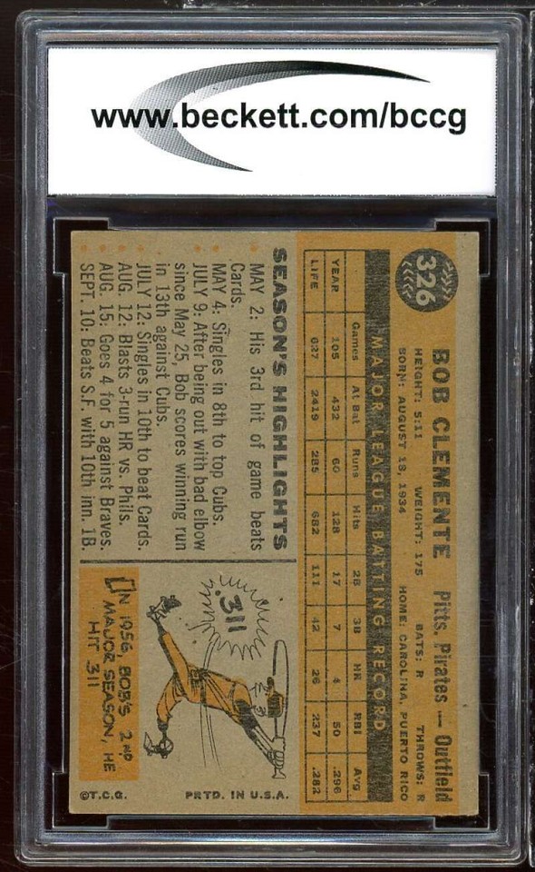1960 Topps #326 Bob Clemente Card BGS BCCG 9 Near Mint+ | eBay