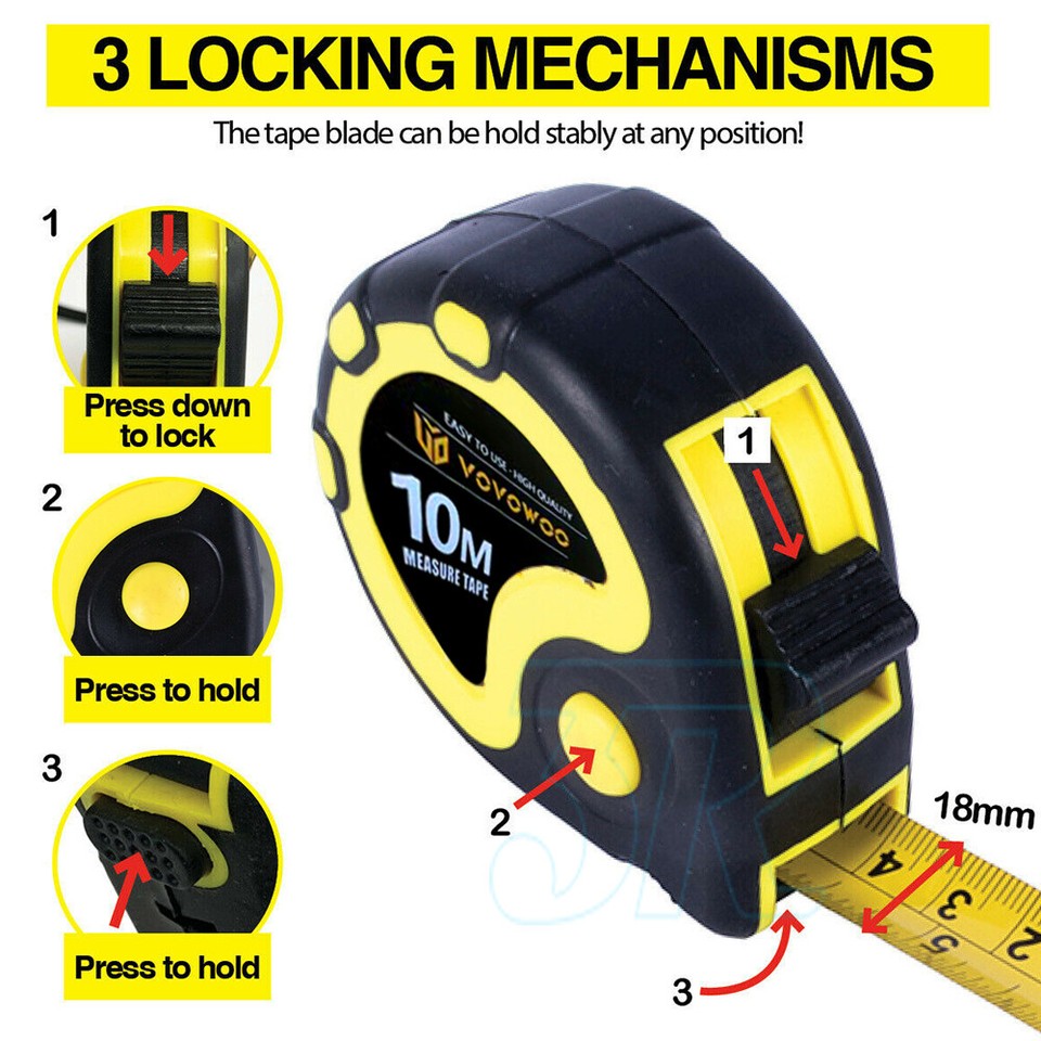 Handy Hardware 10M Heavy Duty Measuring Tape w Hold Button Centimetres ...
