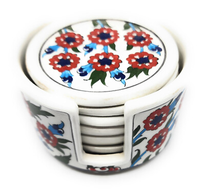Turkish Ceramic Pottery Tile Design Set of 6 Coasters + Holder | eBay
