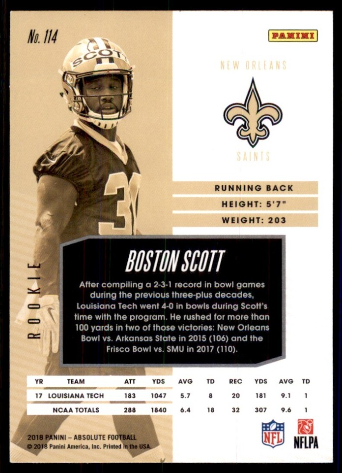 2018 Panini Absolute Boston Scott Rookie New Orleans Saints #114 | eBay