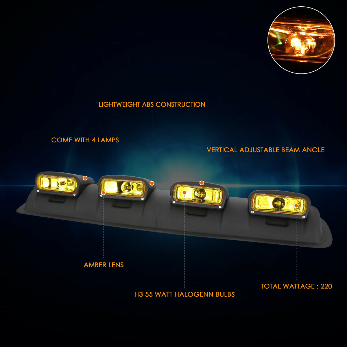Universal 4X4 Off-Road Amber Lens Roof Top Mounted Cab Fog Light Lamp w ...