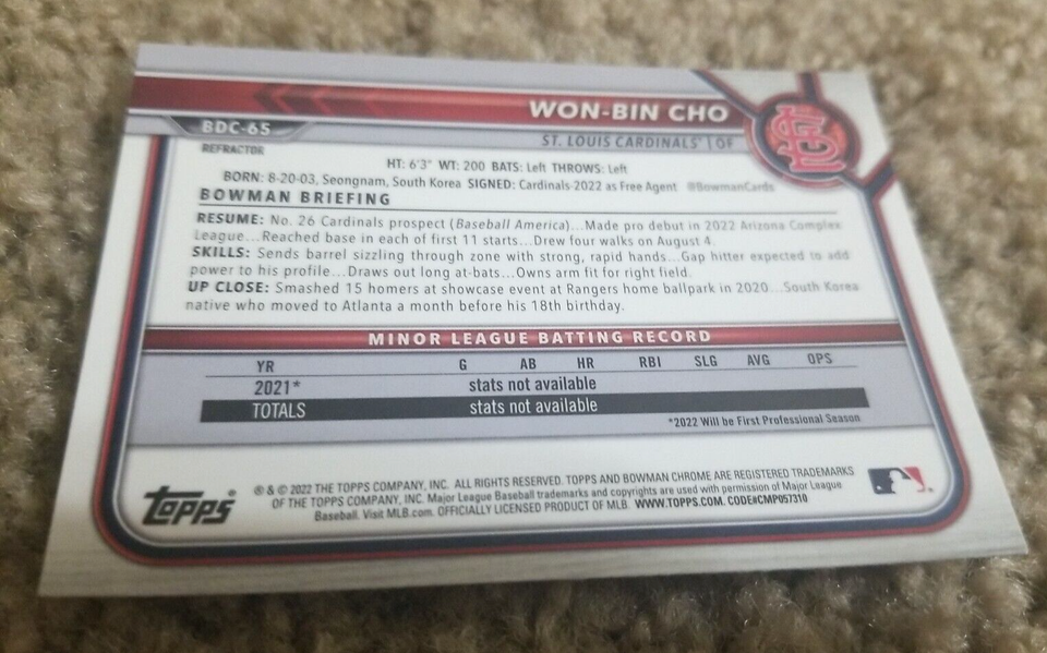 WON-BIN CHO 2022 BOWMAN DRAFT CARD BDC-65 ST. LOUIS CARDINALS (ROOKIE ...