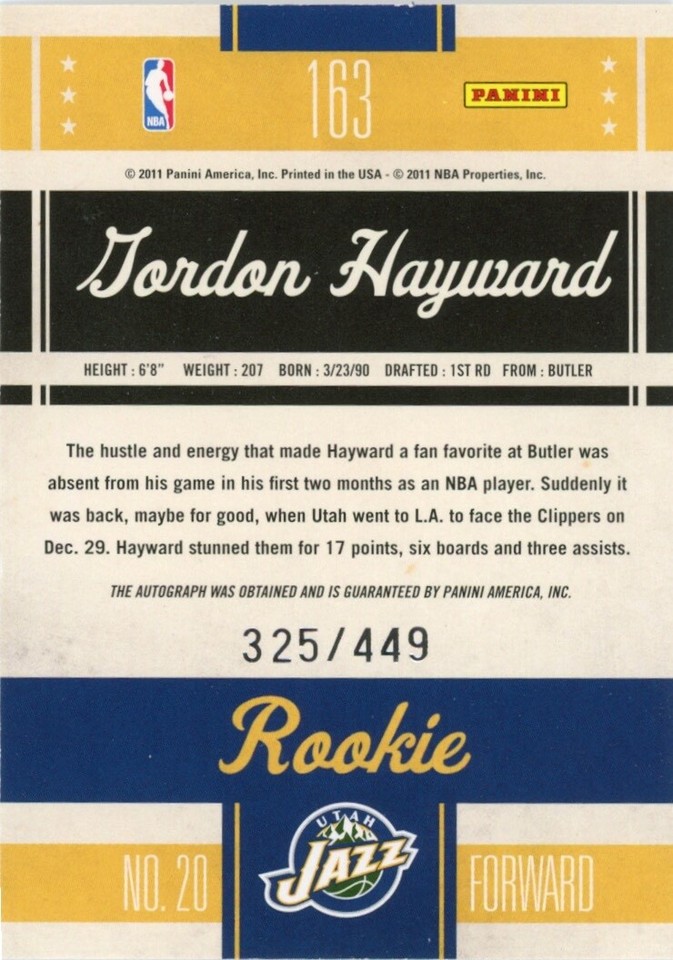 2010-11 Classics GORDON HAYWARD RC SP /449 Rookie On Card Auto ...