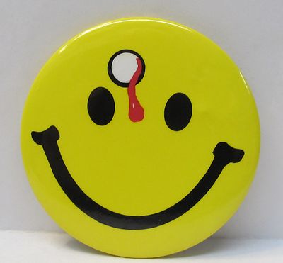 large SMILEY FACE with BULLET HOLE in FOREHEAD pinback button | eBay