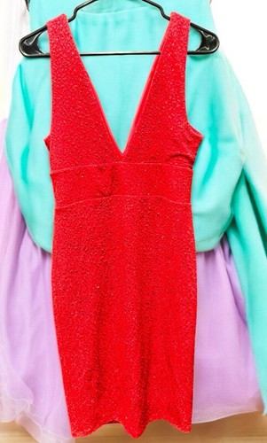 GUESS Ruby red sparkle dress LARGE low cut pit to pit 15in length 29in ...