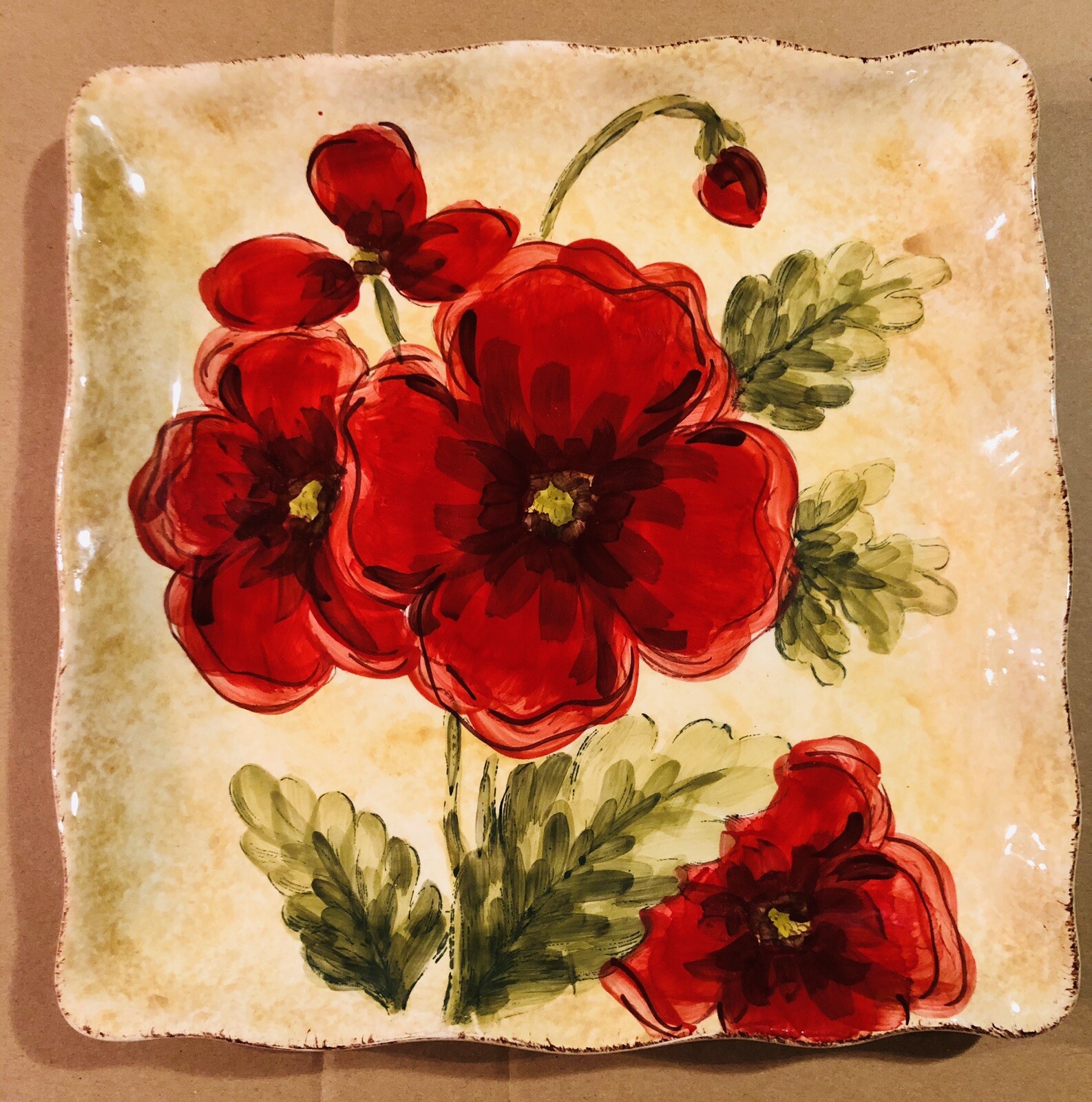 Maxcera Poppies Square Dinner Plate 11.5" hand painted decorative ...