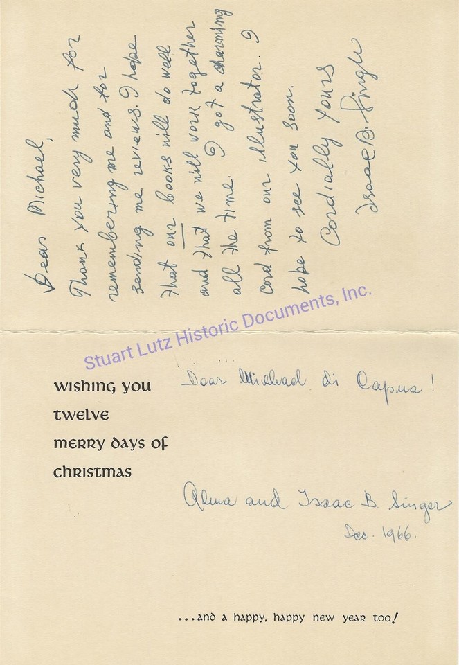 Isaac B Singer signed 1966 Christmas card to his editor - famous Jewish ...