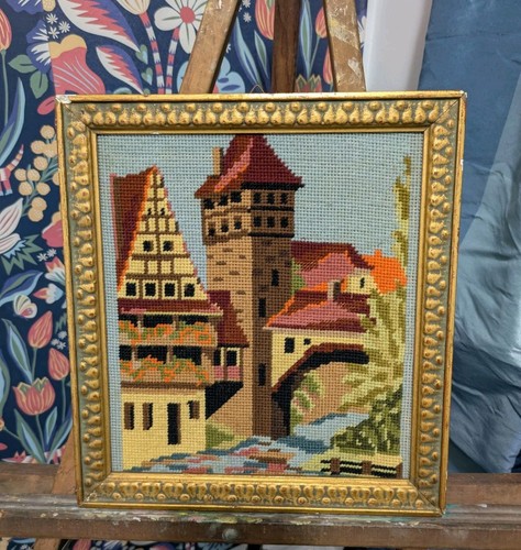Vintage 10 X 11 Ornate Gold Framed European Town Cityscape Needlepoint ...