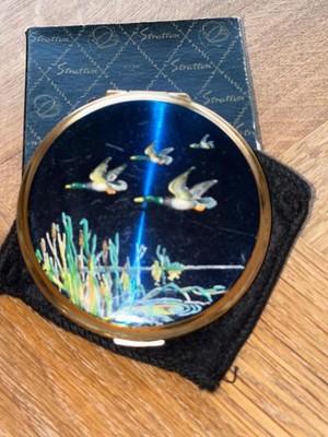Vintage Stratton Compact Flying Mallard Ducks Scene Blue Enamel Powder ...
