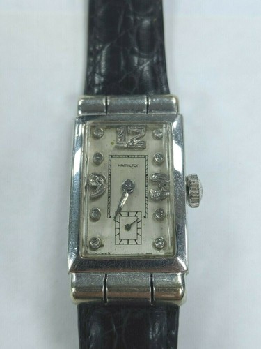Original Vintage 14K White Gold Hamilton Diamond Dial Watch Hooded Lugs ...