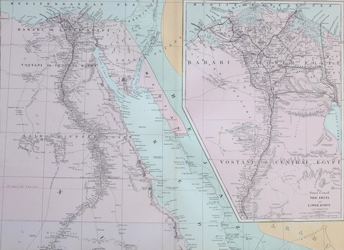 1887 ANTIQUE MAP EGYPT BAHARI VOSTANI CAIRO NILE DELTA ALEXANDRIA SUEZ ...