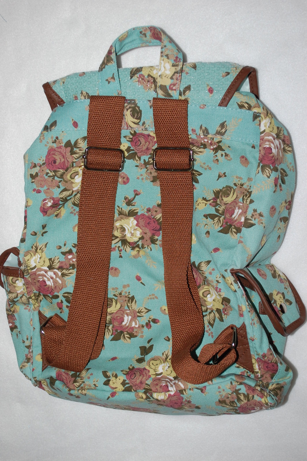 Womens Girls LIGHT TEAL CANVAS BACKPACK Beige & Dusty Pink Floral Print ...