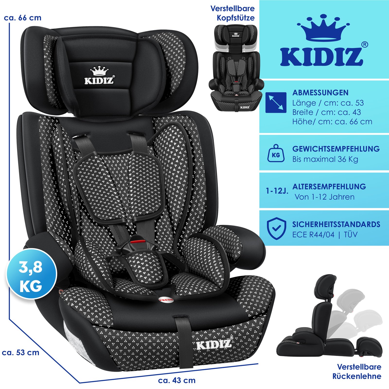 KIDIZ® Autokindersitz Autositz Kinderautositz 9-36 kg Gruppe 1+2+3 ...