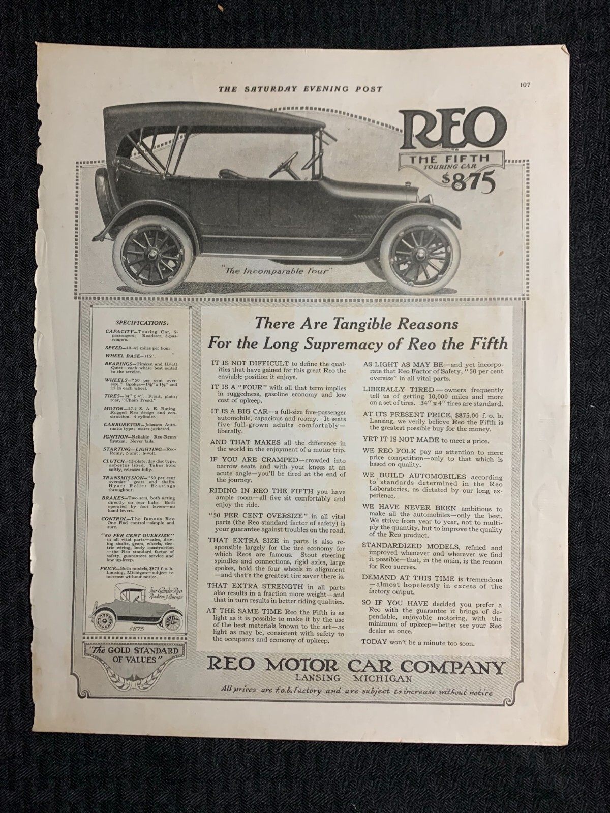1917 REO MOTOR CAR CO. 10.5x14" Automotive Print Ad VG 4.0 The Long ...