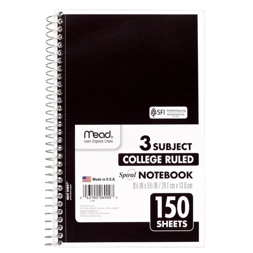 Small Spiral Notebook, 3-Subject, College Ruled Paper, 9-1/2" x 5-1/2 ...