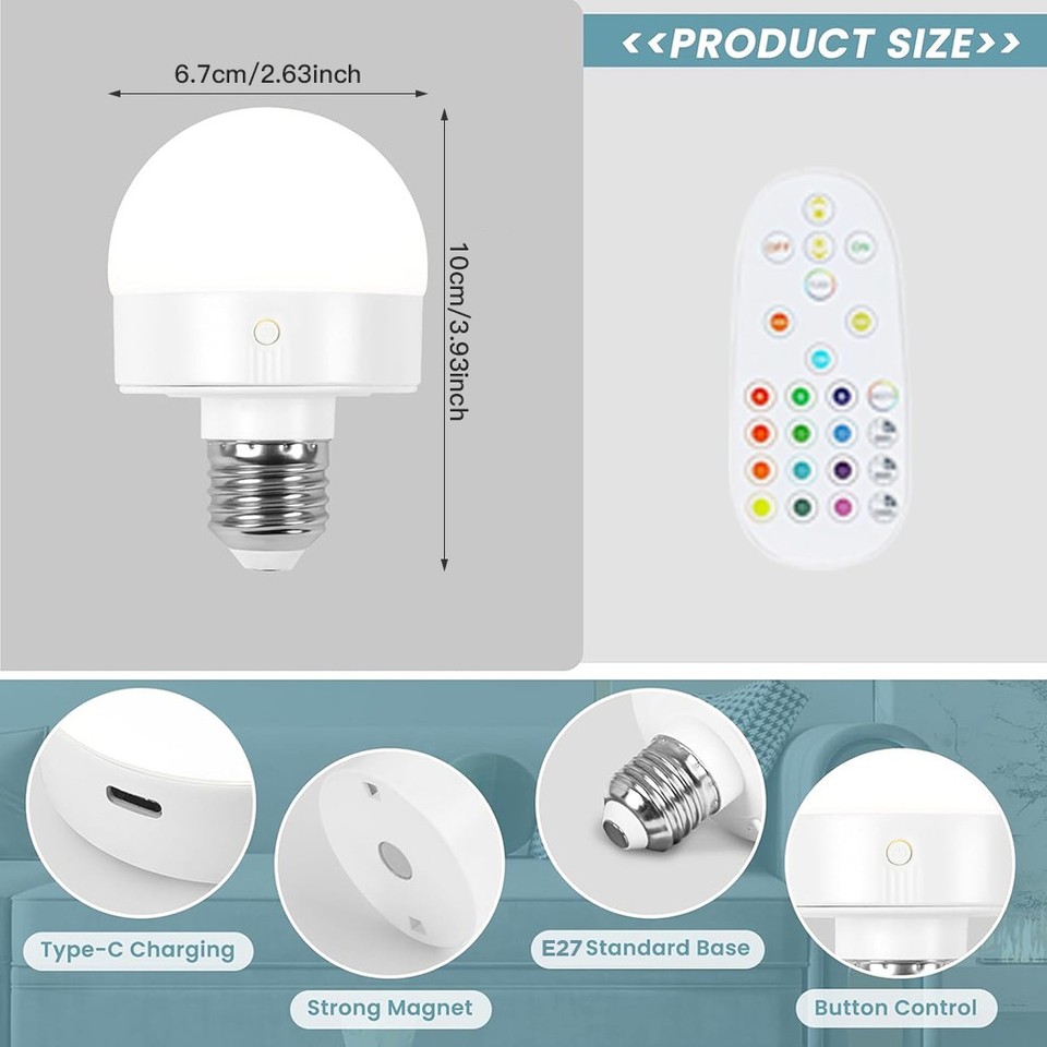 4 Pack E27 Rechargeable RGB Light Bulb with Remote Control Timer and 3 ...