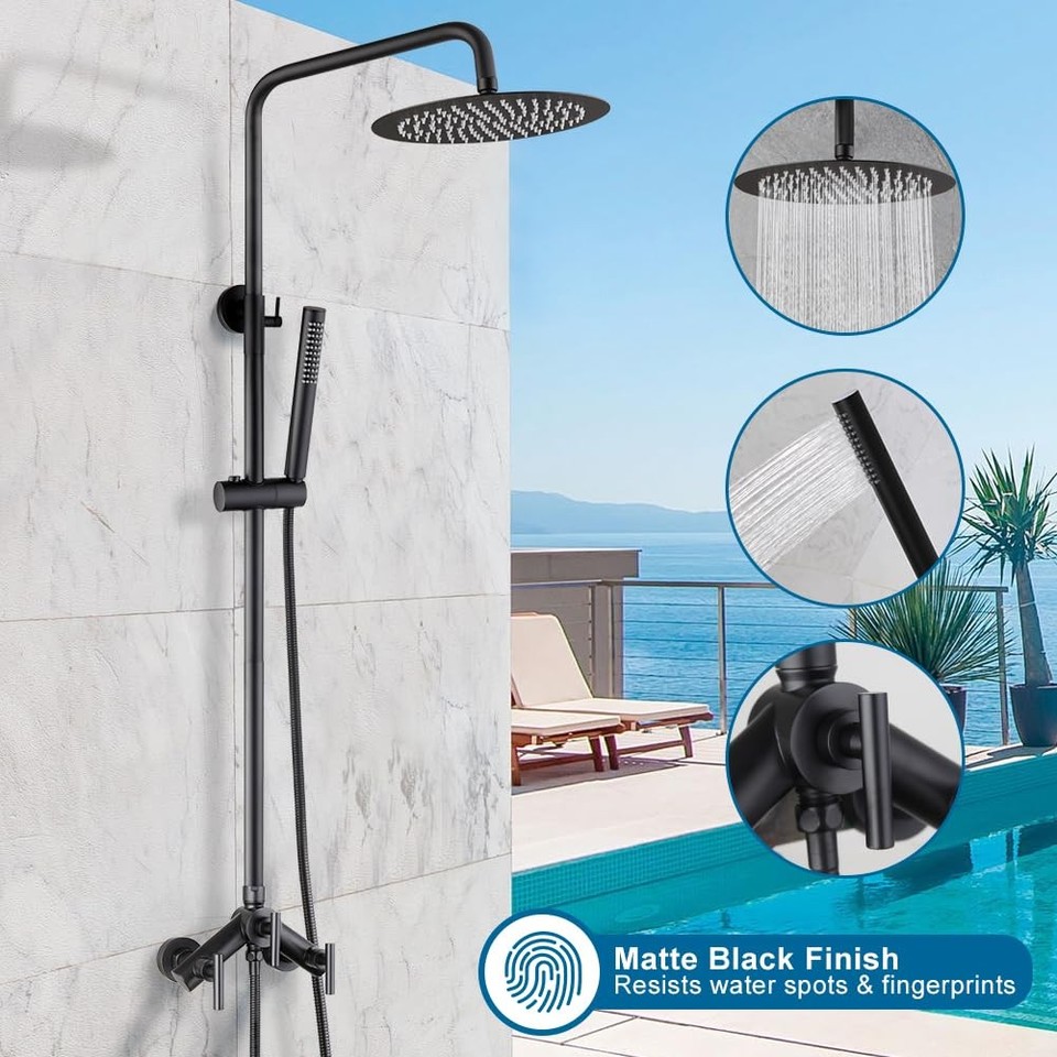Outdoor Shower Kit Matte Black 2 Handle Shower Faucet Set Wall Mounted ...