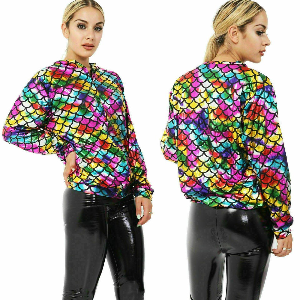 Women Mermaid Rainbow Fish Scale Bomber Jacket Ladies Festive Party ...