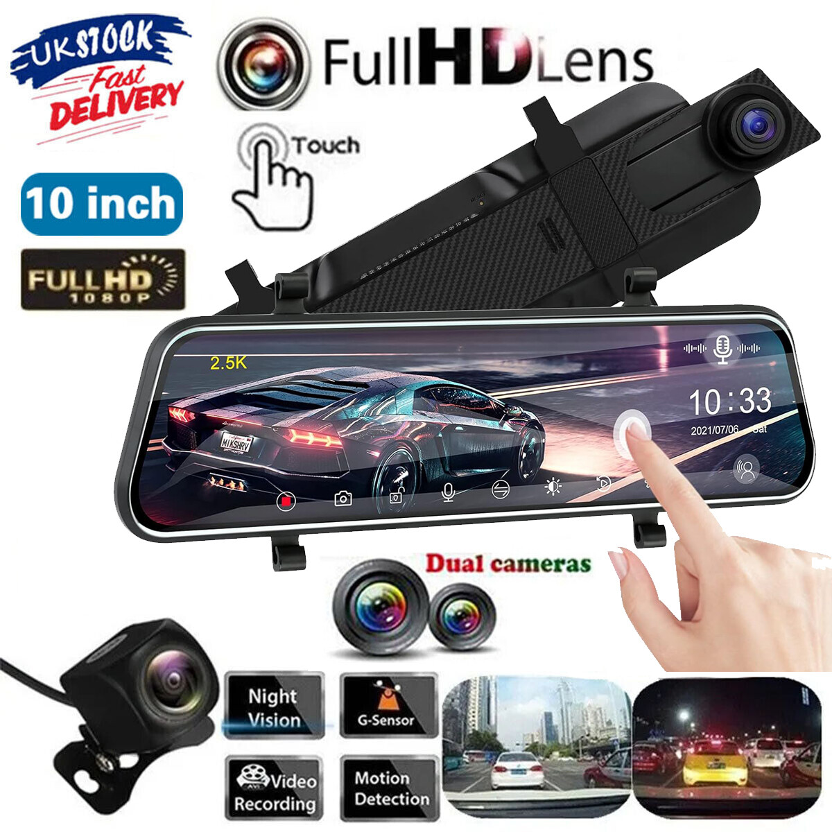 10'' Car Dash Camera Front and Rear View Mirror Reverse Camera DVR HD ...