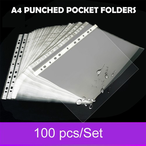 100pcs A4 Clear Plastic Punched Pockets Folders Filing Wallets Sleeves ...