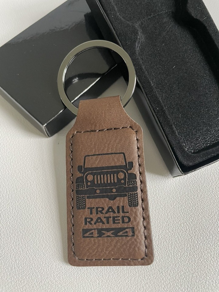 Trail Rated Keychain, PU Leather Brown and Black Laser Engraved 4X4 Key ...