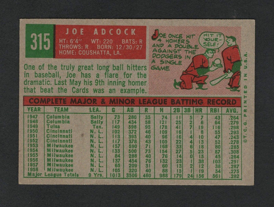 1959 Topps Baseball Card #315 Joe Adcock – Milwaukee Braves | eBay