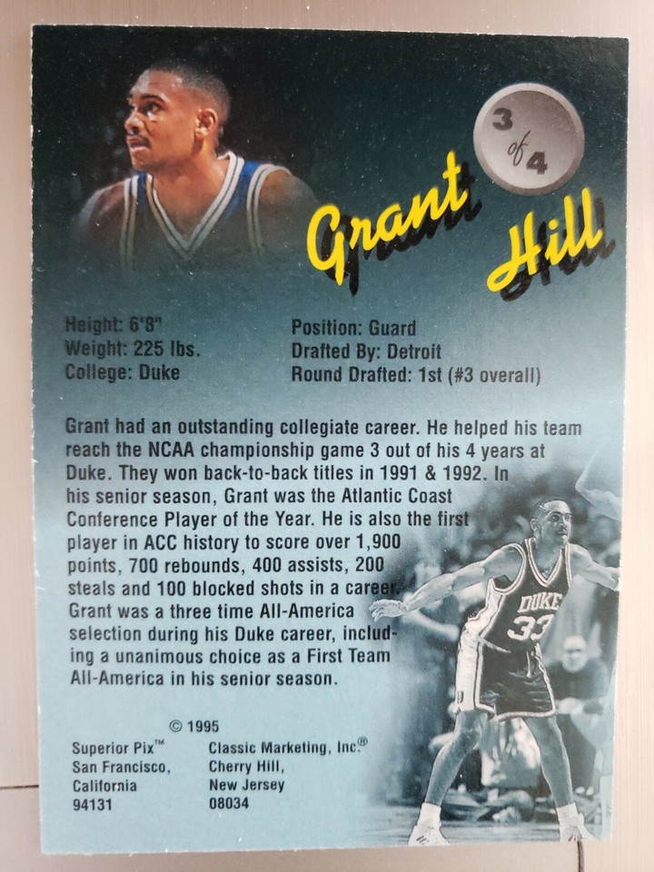 1995 SUPERIOR PIX CLASSIC GRANT HILL ROOKIE CARD# 3 OF 4. | eBay