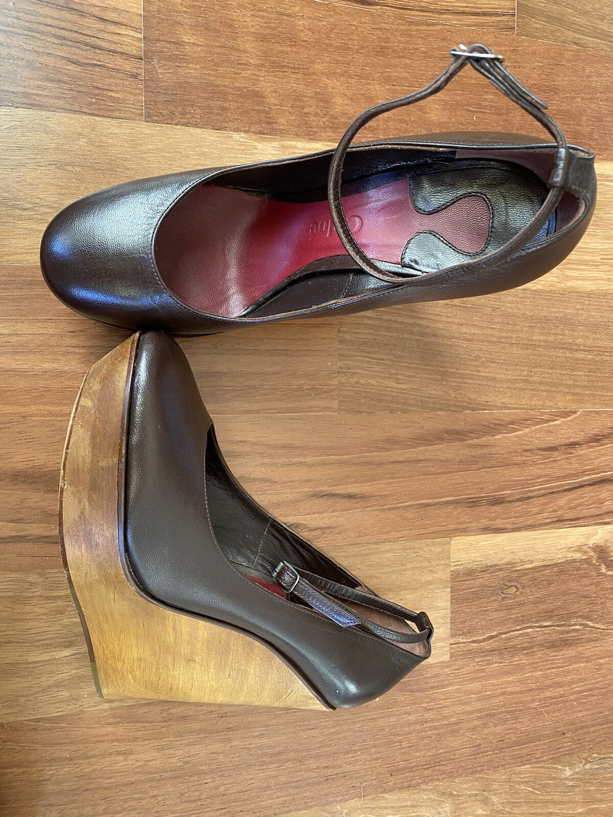 Chloe Brown Leather Wood Platform Wedge 36.5 Ankle St… - Gem
