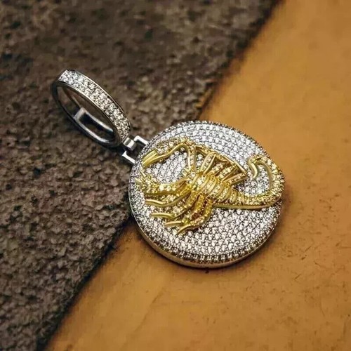 Round Lab Created Diamond Scorpion Horoscope Mens Pendant 14k Yellow ...