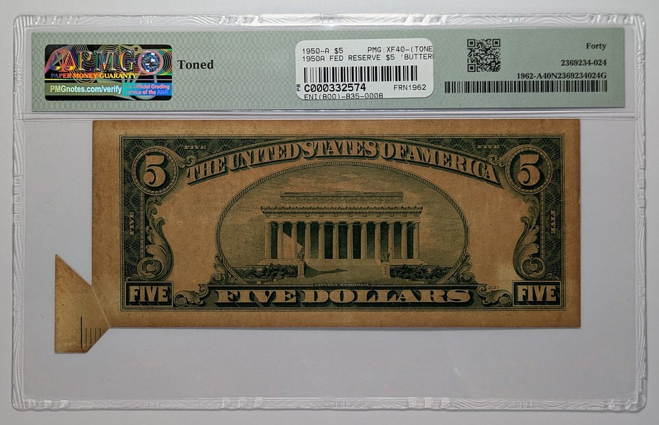 1950A $5 Toned Federal Reserve Note Boston PMG XF 40 NET Butterfly Fold ...