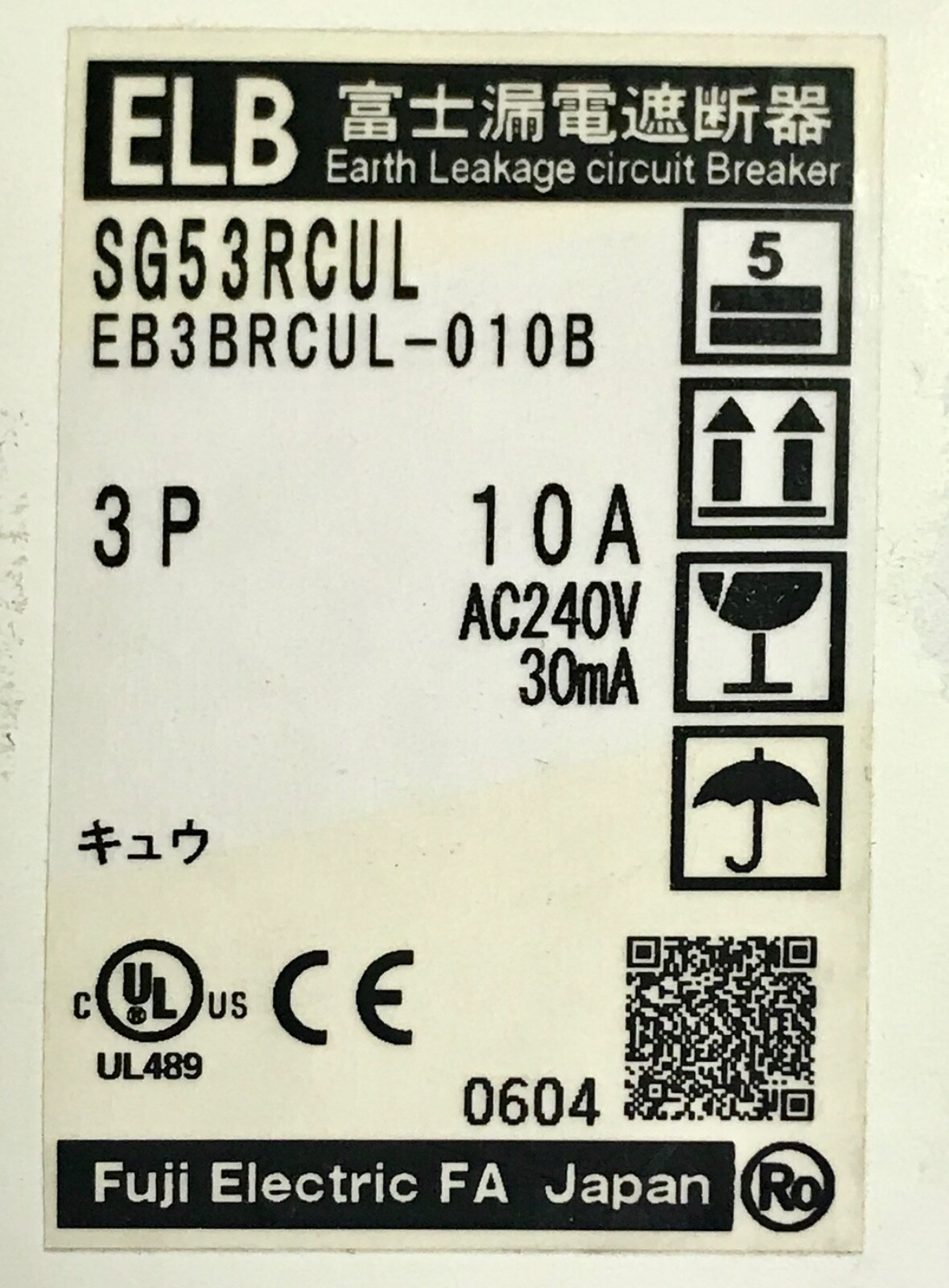 FUJI ELB Earth Leakage Circuit Breaker SG53RCUL EB3BRCUL-010B 3 Pole 10 ...