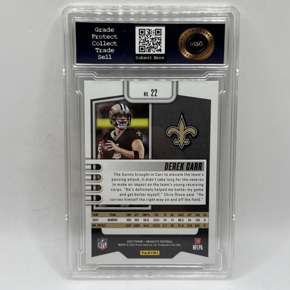 Derek Carr 2023 Panini Absolute #22 Green Swirl /50 Graded 9 NFL Saints ...